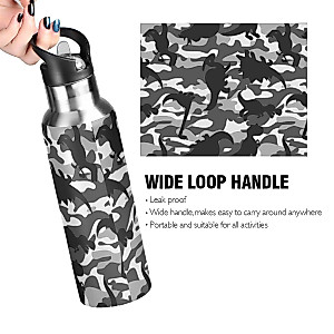 Black Camouflage and Dinosaurs Insulated Water Bottle with Straw, Stainless Steel BPA Free Water Flask Gym Sport, 20 oz Hot Cold