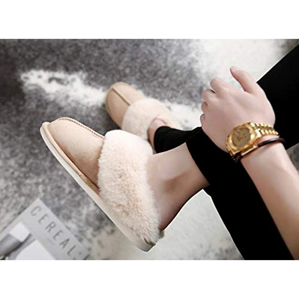 Epsion Womens Winter Warm Slipper Faux Fur Fluffy Slip-On House Slippers Suede Plush Lined/Anti-Skid Sole Indoor Outdoor