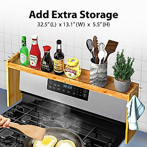 IIIOIIIA Bamboo Over The Stove Spice Shelf for Kitchen Storage, 31.5" Kitchen Spice Rack Organizer Stove Top Shelf with 6 Hooks, 11.4" Height Extra Storage Countertop, Easy to Assemble