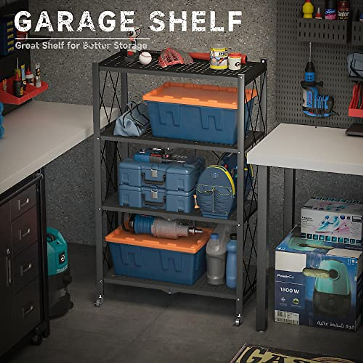 MYDENIMSKY 4 Tier Storage Shelf, Heavy Duty Foldable Shelving Units with Wheels, Metal Storage Rack, Wire Shelving Units No Assemble Required, Moving Easily Great for Laundry Garage Kitchen, Black