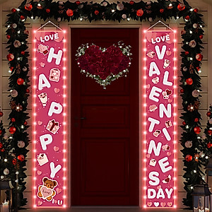 71 x 12 Inches Valentine's Day Lighted Banner for Doorway Porch Yard, Romantic Love Heart Theme Decor Outdoor Indoor Front Door Wall Welcome Hanging LED Banner Door Sign Decorations Party Supplies