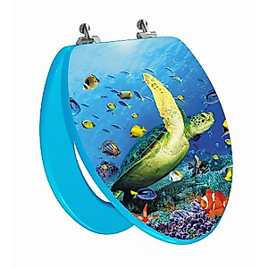 TOPSEAT 3D Ocean Series Elongated Toilet Seat w/Chromed Metal Hinges, Wood, Sea Turtle