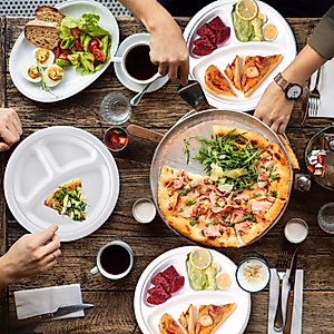 ECOLipak 150 Pack Compostable 3 Compartment Plates, Heavy-Duty Disposable Biodegradable Paper Plates, 8.85 inch Eco-Friendly Sugarcane Bagasse Divided Plates for Dinner