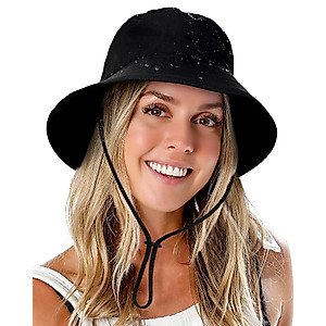 Womens Waterproof Bucket Sun Hat UPF 50+ Outdoor Beach Boonie Floppy Rain Hat for Men Fishing Hiking Safari Cap with Strings