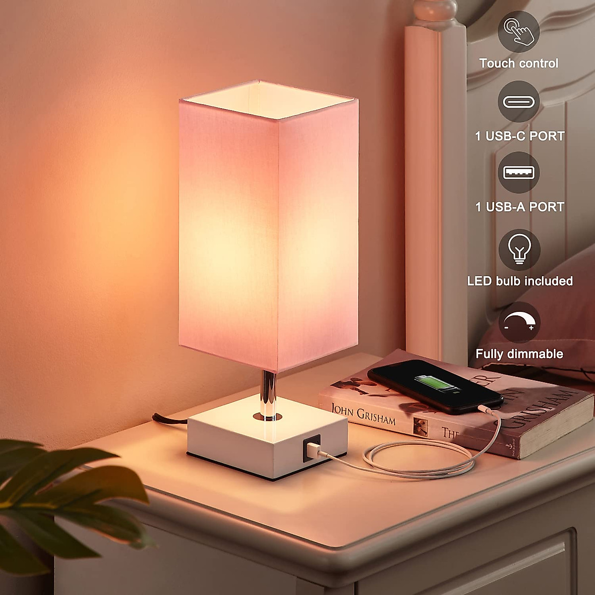 Ambimall Touch Control Table Lamp with 2 USB Charging Ports, 3 Way Touch Lamps Beside Desk, Nightstand Lamp for Bedrooms Living Room, Pink Shade with White Base, LED Bulb Included(Pink)