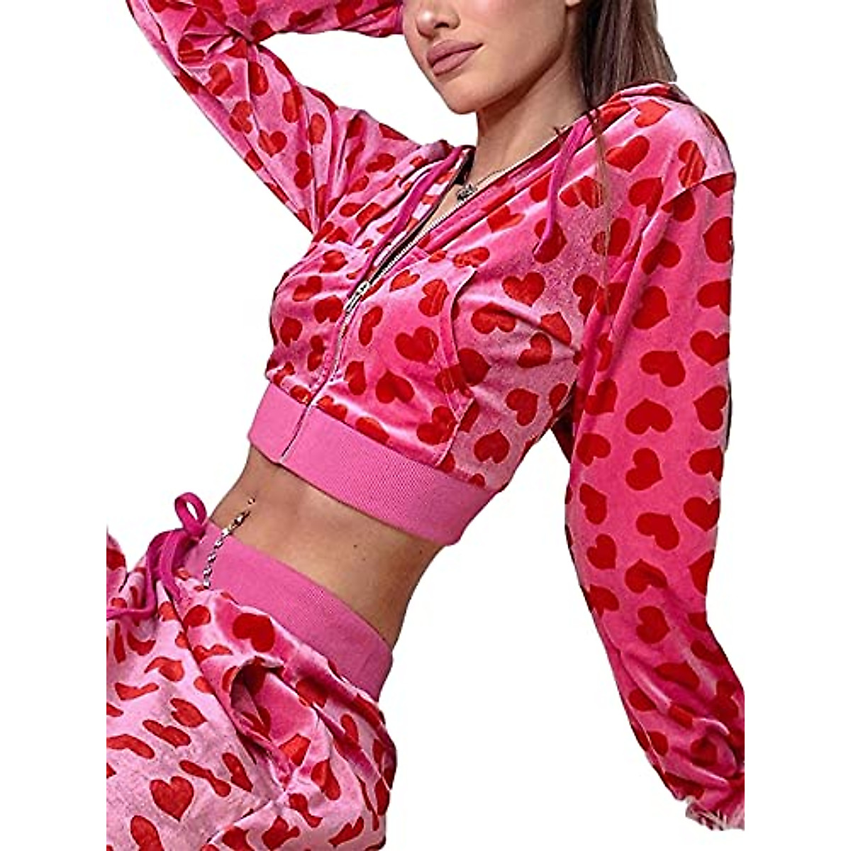 Kaenwang Women 's Heart Print Full Zip Velour Hoodie, Y2K Long Sleeve Crop Sweatshirt Cute Jogging Jacket (Red-top, Small)