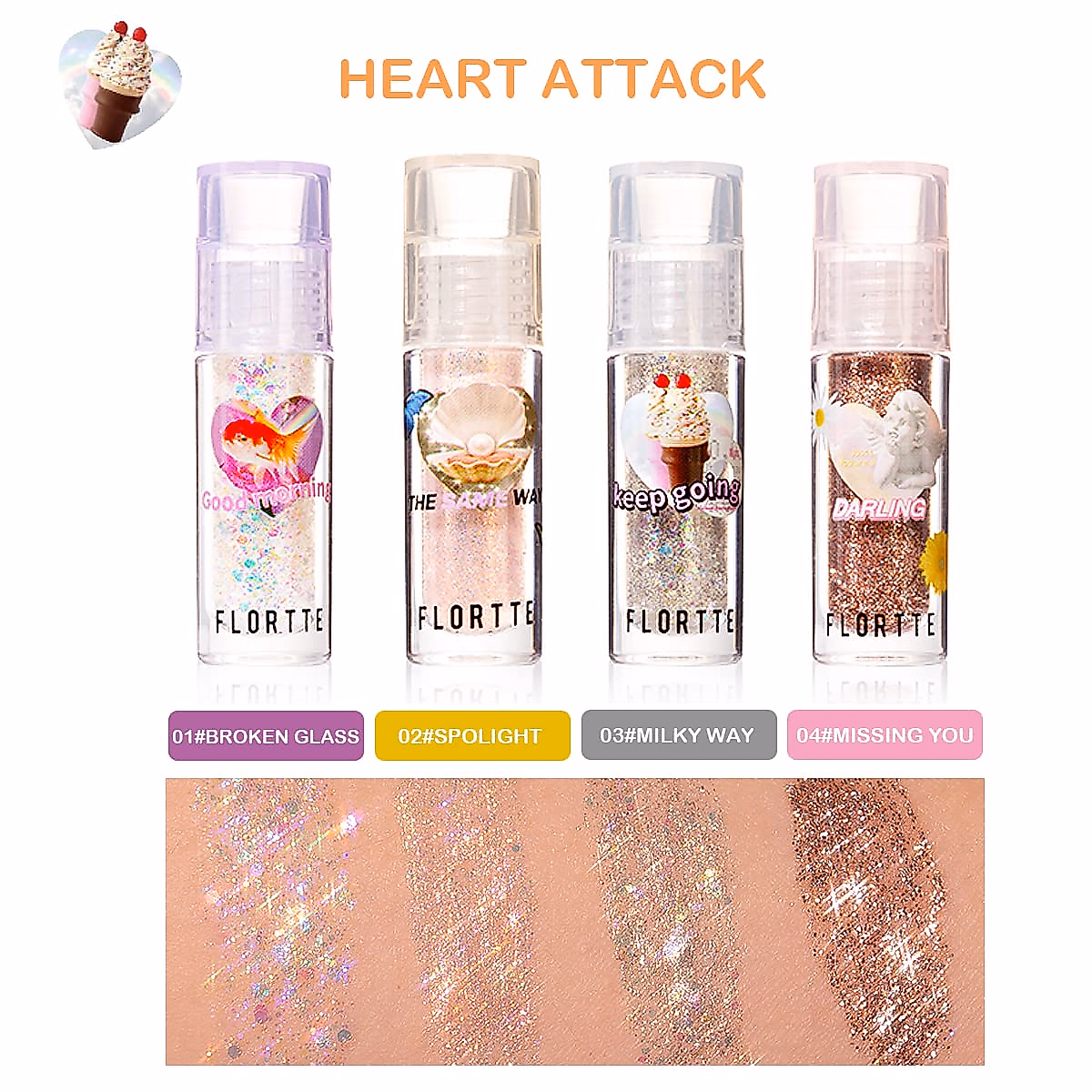 2PCS Flortte Liquid Glitter Eyeshadow, Korean Makeup Star Diamond Streamer Liquid Eyeshadow, Bling Pigmented Eye Makeup Sparkling Korean Eye Glitter, Easy to Apply Liquid Glitter Eyeshadow, Long Lasting Glitter Eyeliner Liquid Shimmer Eyeshadow (02+03)