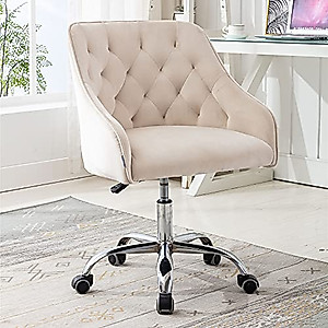 Goujxcy Desk Chair,Modern Velvet Fabric Office Chair,360° Swivel Height Adjustable Comfy Upholstered Tufted Accent Chair (Beige)