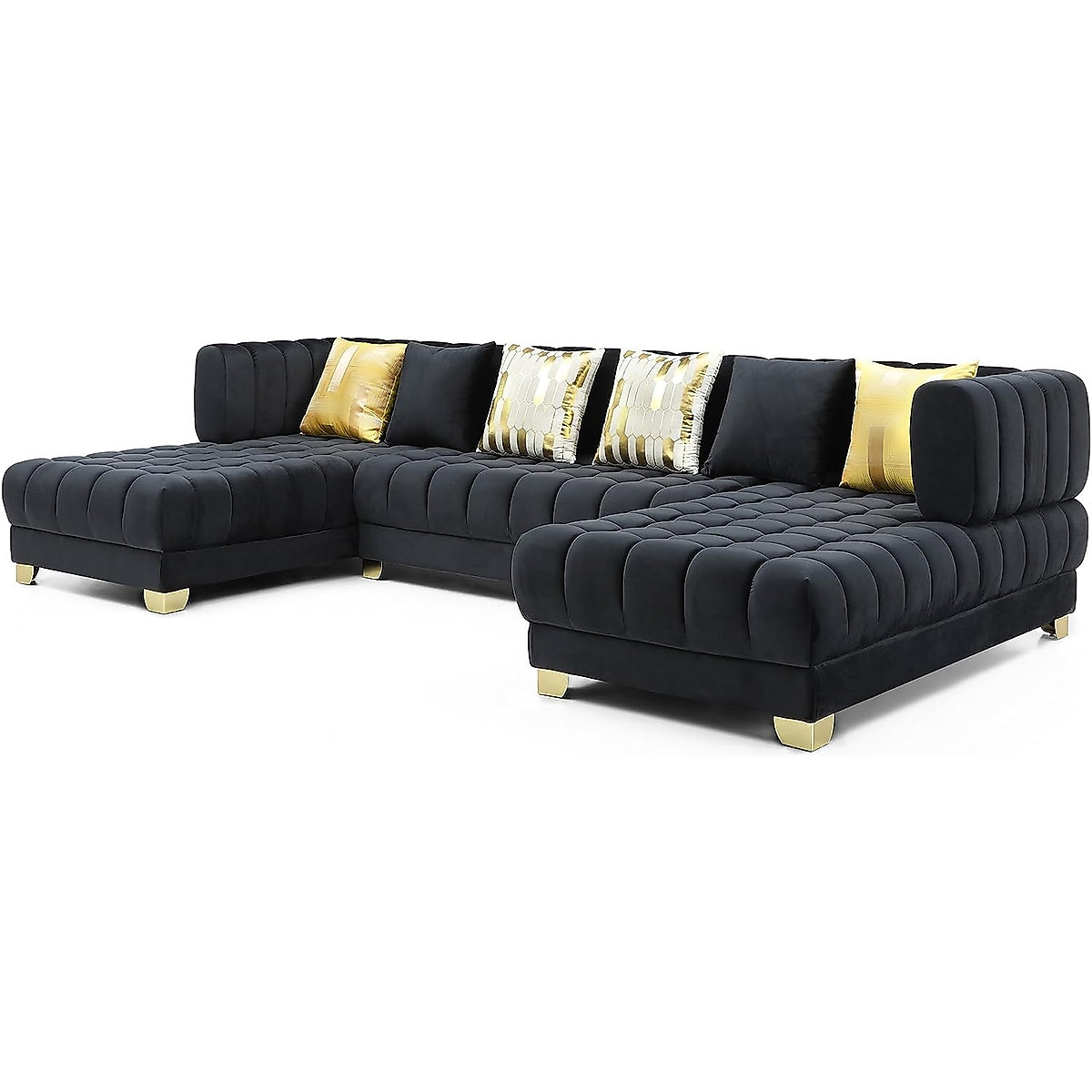 Woodpecker's Inc Marigold Velvet U-Shaped Double Chaise Sectional Sofa - with 6 Pillows & Gold Legs (Black)