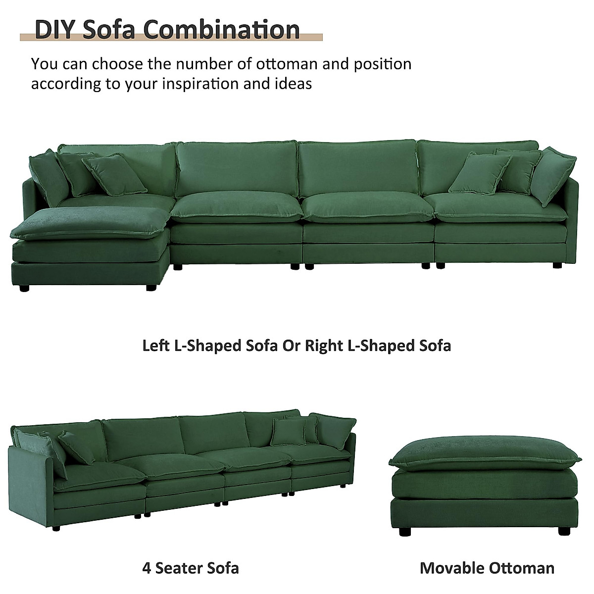 Suheww 146" Oversized L-Shaped Modular Sectional Sofa Couch for Living Room, Modern Soft Chenille Large Cloud Couch, Comfy 4-Seater Deep Seat with Chaise & Movable Ottoman (Green, L-Shaped 4 Seat)