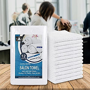 Towel and Linen Mart White Salon Towels, Pack of 12 (Not Bleach Proof, 16 x 27 Inches) Highly Absorbent Towels for Hand, Salon, Gym, Beauty, Spa, and Home Hair Care (White)