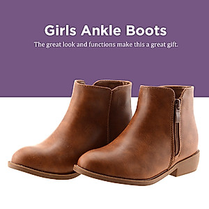 LseLom Girls Ankle Boots Low Heel Side Zipper Fall Winter Booties Outdoor Shoes for Little Kids/Big Kids PU Brown Size US 2