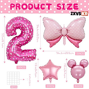 10Pcs Minnie Balloon, Pink Mouse Birthday Number Mylar Foil Balloons Huge Bow Birthday Party Supplies for Mouse Theme Baby Shower 2nd Birthday Party Decorations