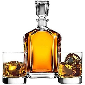 Whiskey Decanter Set with Whiskey Glasses and Airtight Stopper for Vodka, Bourbon, Brandy. Italian Glass | 23.75oz with 2 pack 11oz glasses, Made in Italy