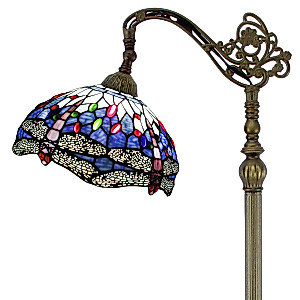 WERFACTORY Tiffany Floor Lamp Blue Stained Glass Dragonfly Arched Lamp 12X18X64 Inches Gooseneck Adjustable Corner Standing Reading Light Decor Bedroom Living Room S004 Series (B)