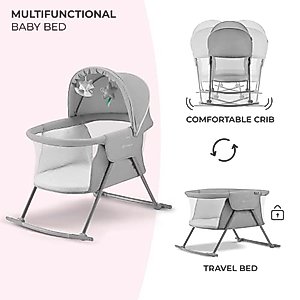 Kinderkraft LOVI Travel Bassinet for Baby in Grey, Portable Folding Baby Bed with Built-in Mosquito net, Adjustable Hood and an Additional Cradle Function