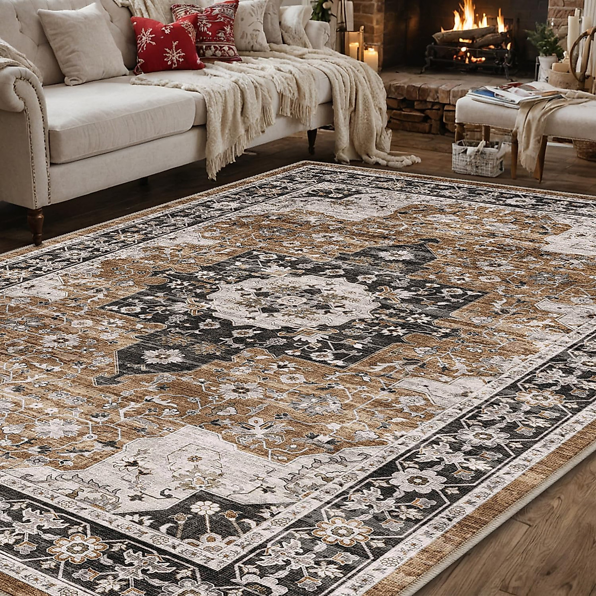DEXI Washable Area Rug, Soft Vintage Indoor Rugs for Bedroom Living Room Kitchen Dining Room, Non-Slip Low-Pile Floor Carpet Mat for High Traffic Inside House, 8'x12', Brown