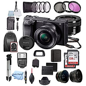 Alpha a6400 Mirrorless Digital Camera 24.2MP Sensor with 16-50mm Lens, 2 Pack SanDisk 128GB Memory Card, Backpack, Full Size Tripod & Inspire Digital Cloth Accessory Bundle (Black) (Renewed)