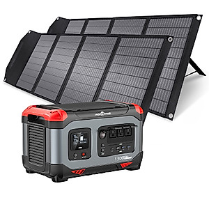 ROCKPALS 1300W Portable Power Station & 2xRockpals 100W Solar Panels with Kickstand, 3X AC Outlets(Peak 2000W), Outdoor Generator with Solar Panel Kit for RV/Van Camping, Home Use, CPAP, Emergency