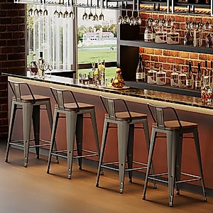 24" Low Back Metal Counter Stool Height Bar Stools with Wooden Seat [Set of 4] for Home Kitchen Barstools