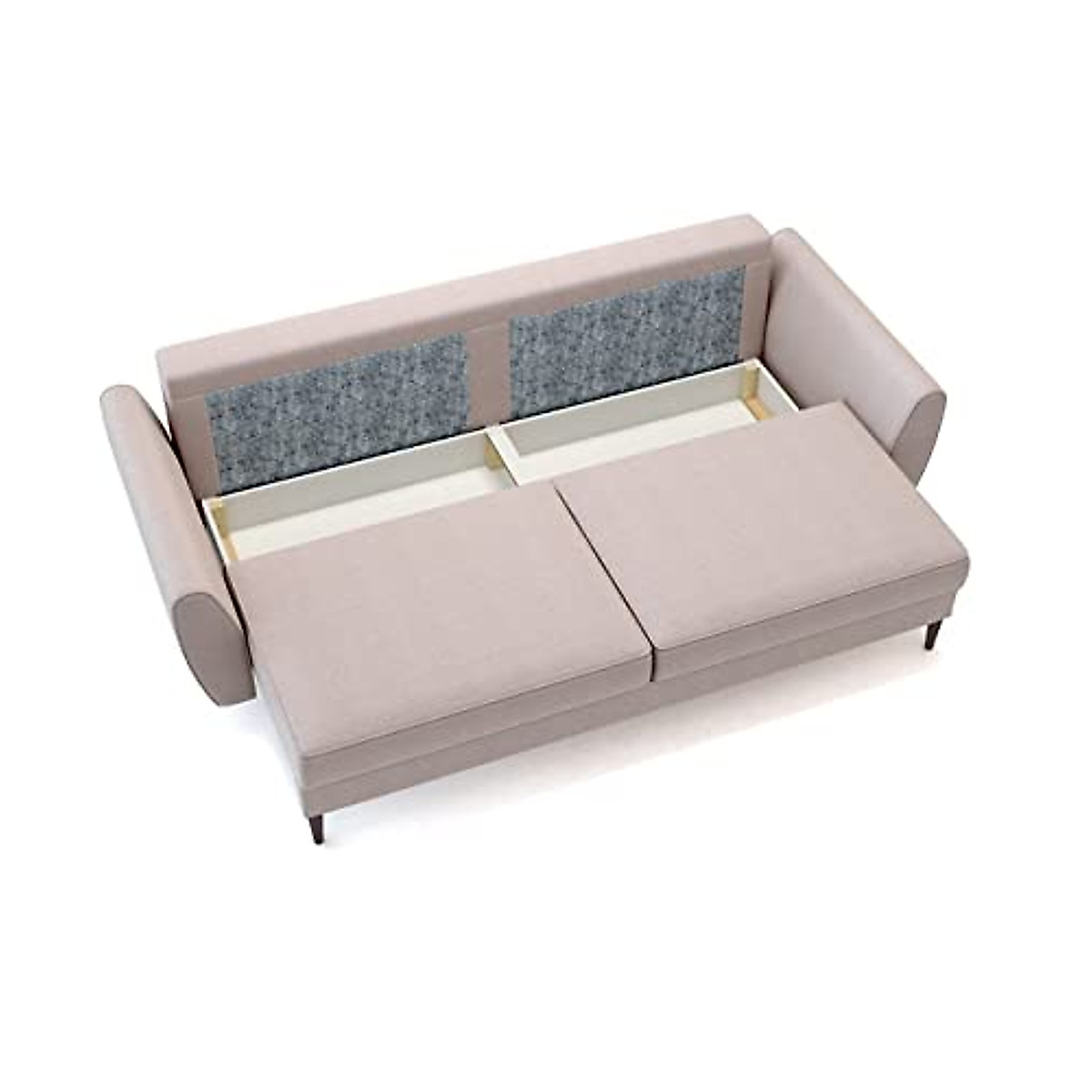 RINOLO Modern Alisa Sleeper Sofa Bed - Storage Pull Out Couch, Revolution Performance Fabrics, Pine Wood, Birch Legs, Sleek Unique Arms, Made in Europe, Queen Size 93in W x 39in D x 35in H – Beige