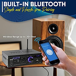 Pyle Bluetooth Mini Stereo Power Amplifier - 2x120W Dual Channel Sound Audio Receiver Entertainment w/Remote, for Amplified Speakers, CD DVD, MP3, Theater via 3.5mm RCA Input, Studio Use - PCAU48BT.5