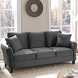 LUCKHAO Velvet Sofa Couch for Living Room,78” Upholstered 3-Seater Couch wiht Solid Wood Frame Legs,Modern Comfy Sofa with 2 Pillows for Living Room(Grey)