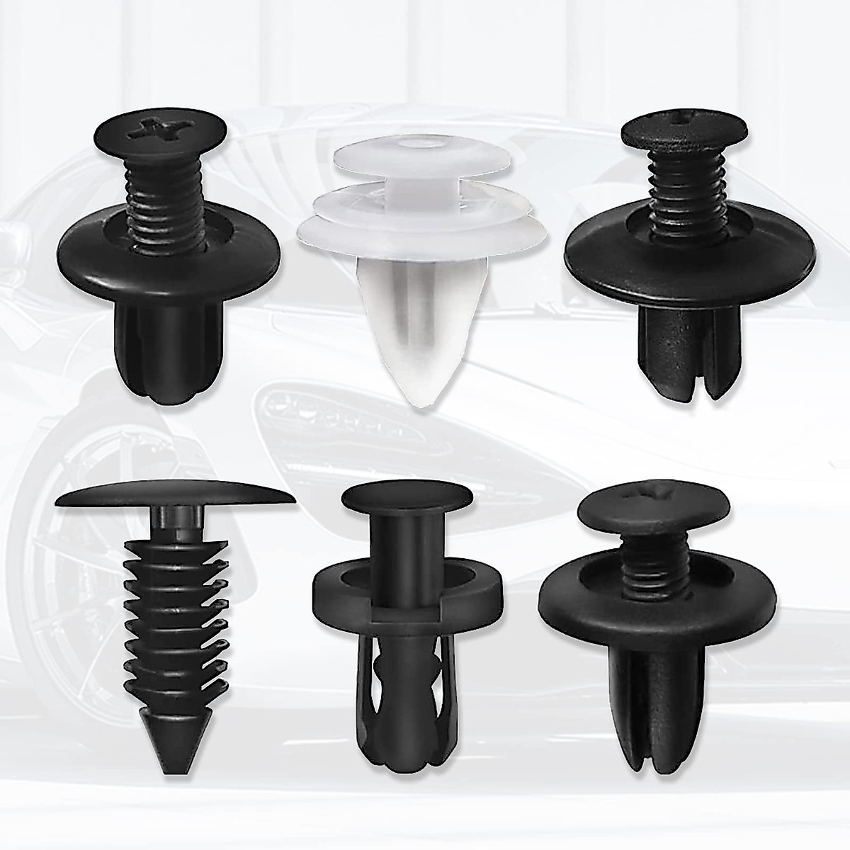 Dewkou 100 PCS Car Bumper Retainer Clips, 6.3mm 8mm 9mm 10mm Nylon Fasteners Rivet Replacement Kit, Push-in Screw Bumper Push Rivet Clip with Removal Tool, Suitable for Most Models (Black)