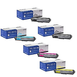 TN221 BK/C/M/Y Toner Cartridge 5 Pack (with chip): Compatible Replacement for Brother TN221BK TB221C TN221M TN221Y for DCP-9015CDW 9020CDN HL-3140CW 3150CDN 3180CDW MFC-9130CW 9140CDN Printer
