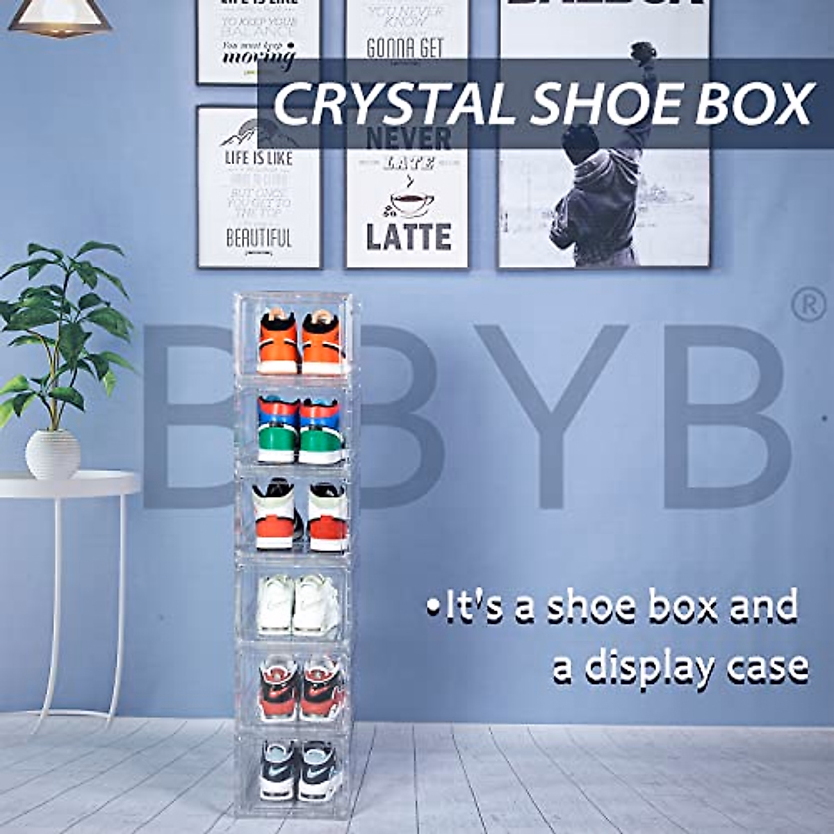 BBYB Shoe Box,Drop Front Shoe Box,Clear Plastic Stackable Storage Bins,Magnetic Transparent Door Clear Storage Bins 3pack (Large, D-Clear)