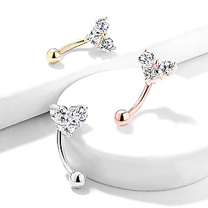 Amelia Fashion 16 Gauge Three Prong Set Round and Square CZ Heart Curved Barbell/Eyebrow Ring 316L Surgical Stainelss Steel (Choose Color) (Rose Gold/Clear)