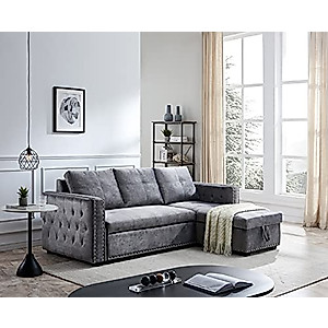 MOEO 91" Reversible Sleeper Sectional Sofa, L-Shape Corner Couch with Storage Chaise and Pulled Out Bed, Tufted Buttons Nailheaded Design for Living Room, Home, Gray