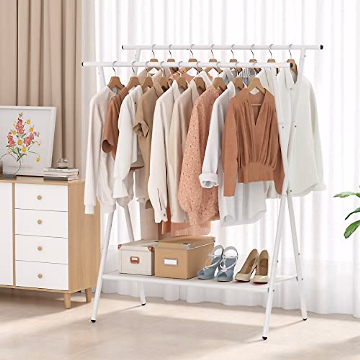 Laiensia Double Rods Clothing Racks, Portable Clothing Hanging Garment Rack with Bottom Oxford Cloth Shelves, White