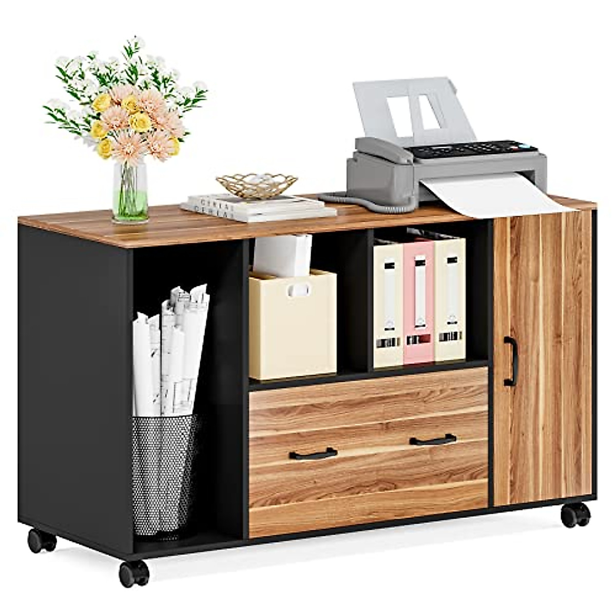 LITTLE TREE Rolling File Cabinet with Drawer and Door,Mobile Filing Cabinet with Storage Shelves and CPU Holder for Home Office,Living Room