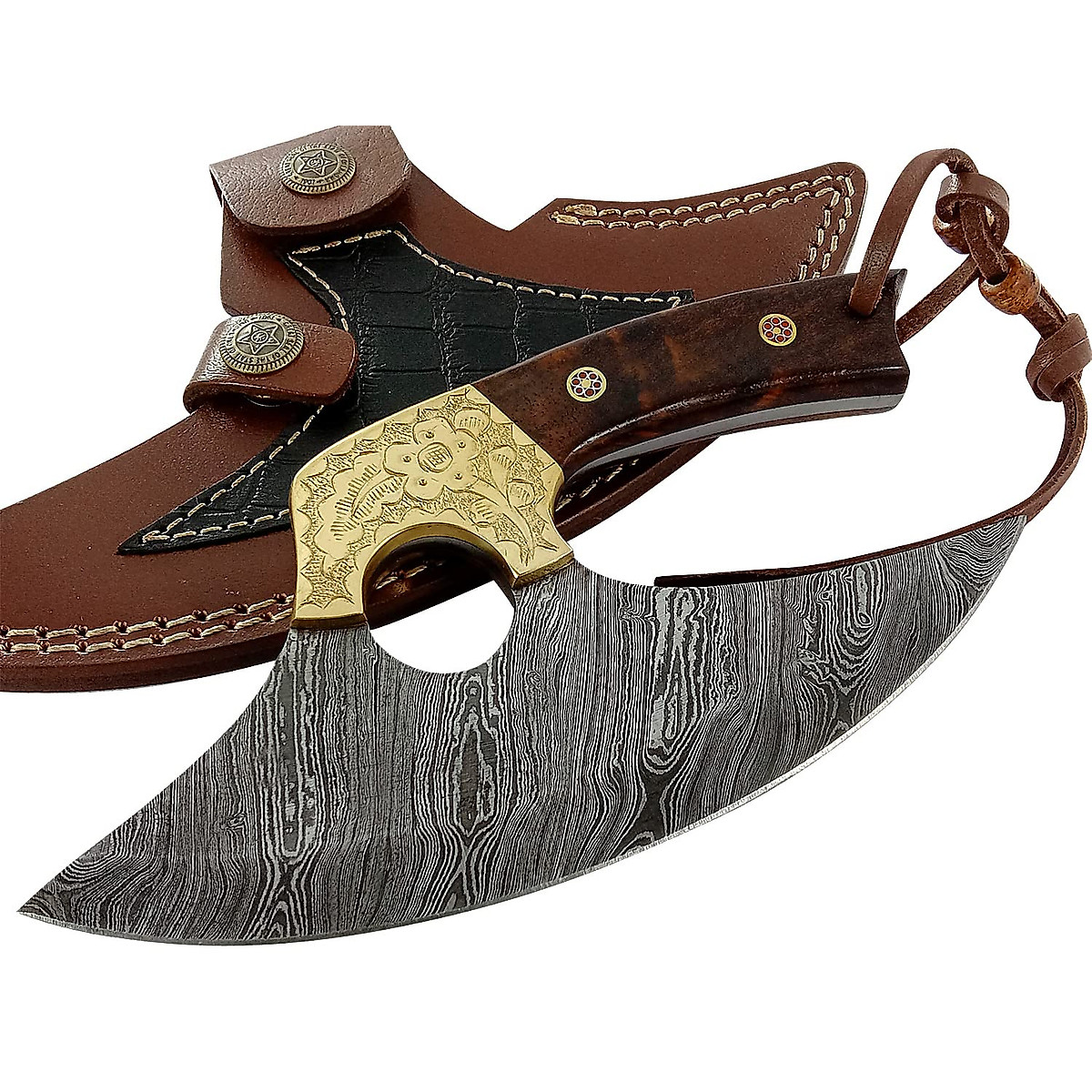 Damascus Steel alaskan Ulu Knife - Fixed Blade knife for Chopping Boning Slicing Cutting,Solid Burl Rose Wood Handle with Leather Sheath.SM145