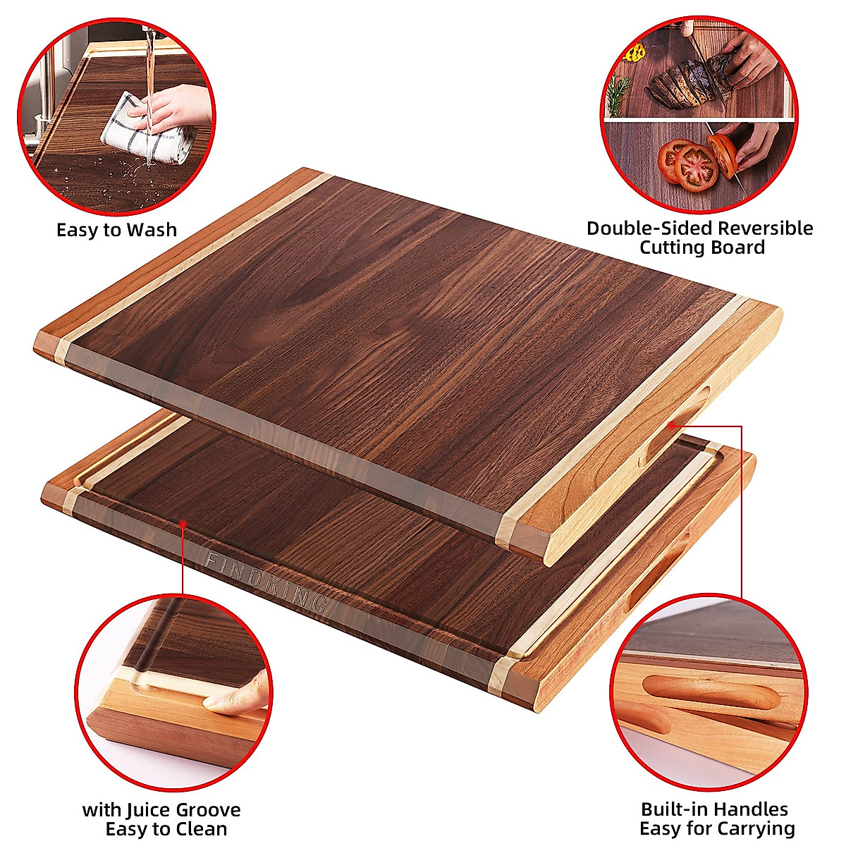 FINDKING Walnut Cutting Board, Wooden Butcher Block, Meat Chopping Board for Kitchen, Large, Thick, Heavy, with Juice Groove, Side Handle, 17.5 x 12.9 x 1.1 Inches
