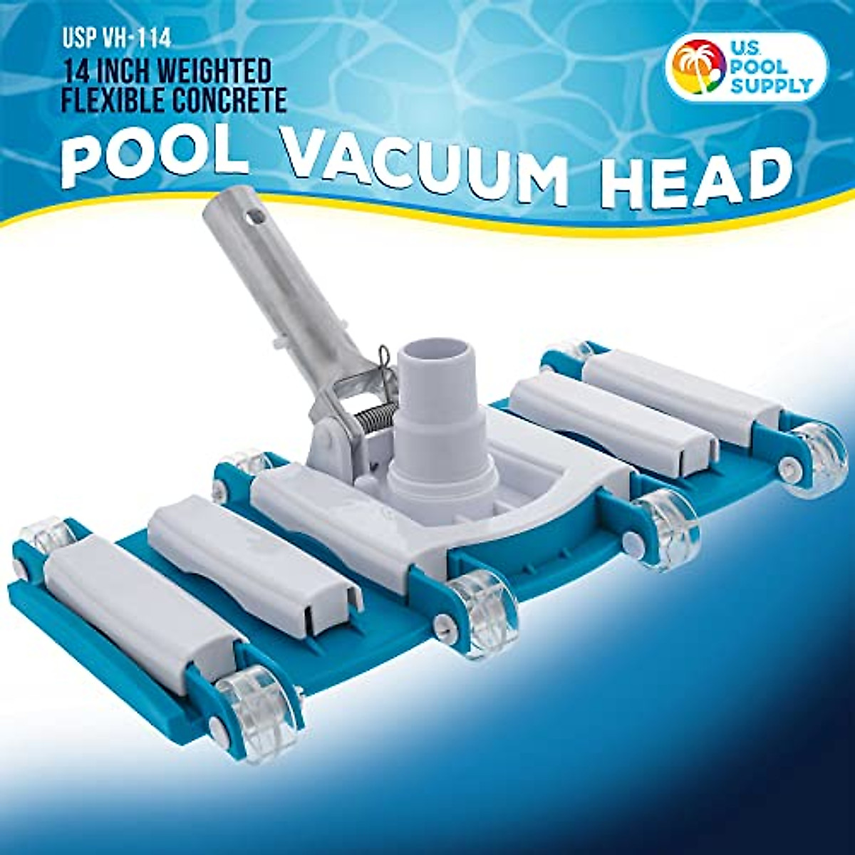 U.S. Pool Supply 14" Weighted Flexible Concrete Swimming Pool Vacuum Head with Swivel Hose Connection & Aluminum Spring Action Pole Handle - Connect 1-1/4" or 1-1/2" Hose