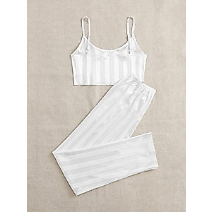 WDIRARA Women's Satin Striped Cami Top and Pants Soft Sleeveless Pajama Lounge Set White L