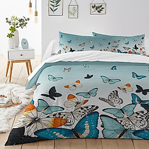 ALAGEO Butterfly Colorful Floral Duvet Cover Sets Country Style Bedding Sets 3 Pcs Soft Comforter Cover Set Including 1 Quilt Cover 2 Pillow Cases, King Size Comforter Cover Set with Zipper Closure