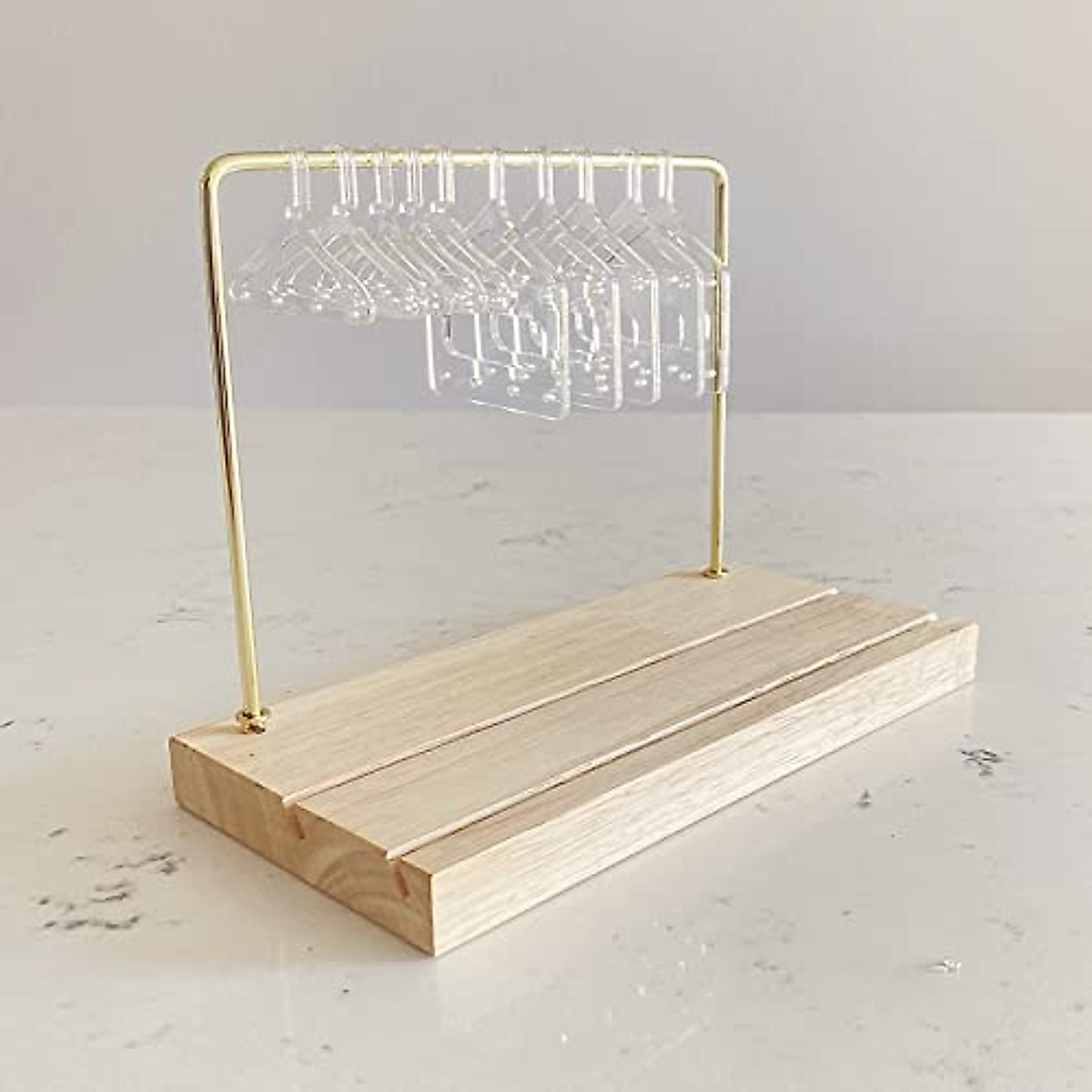 lemonadeus Unique Earring Hanger Rack Tabletop Jewelry Display Stand, Brass Metal Hanging Jewelry Towers clothing Rack Earring Holder with Rings Holder Wood Base