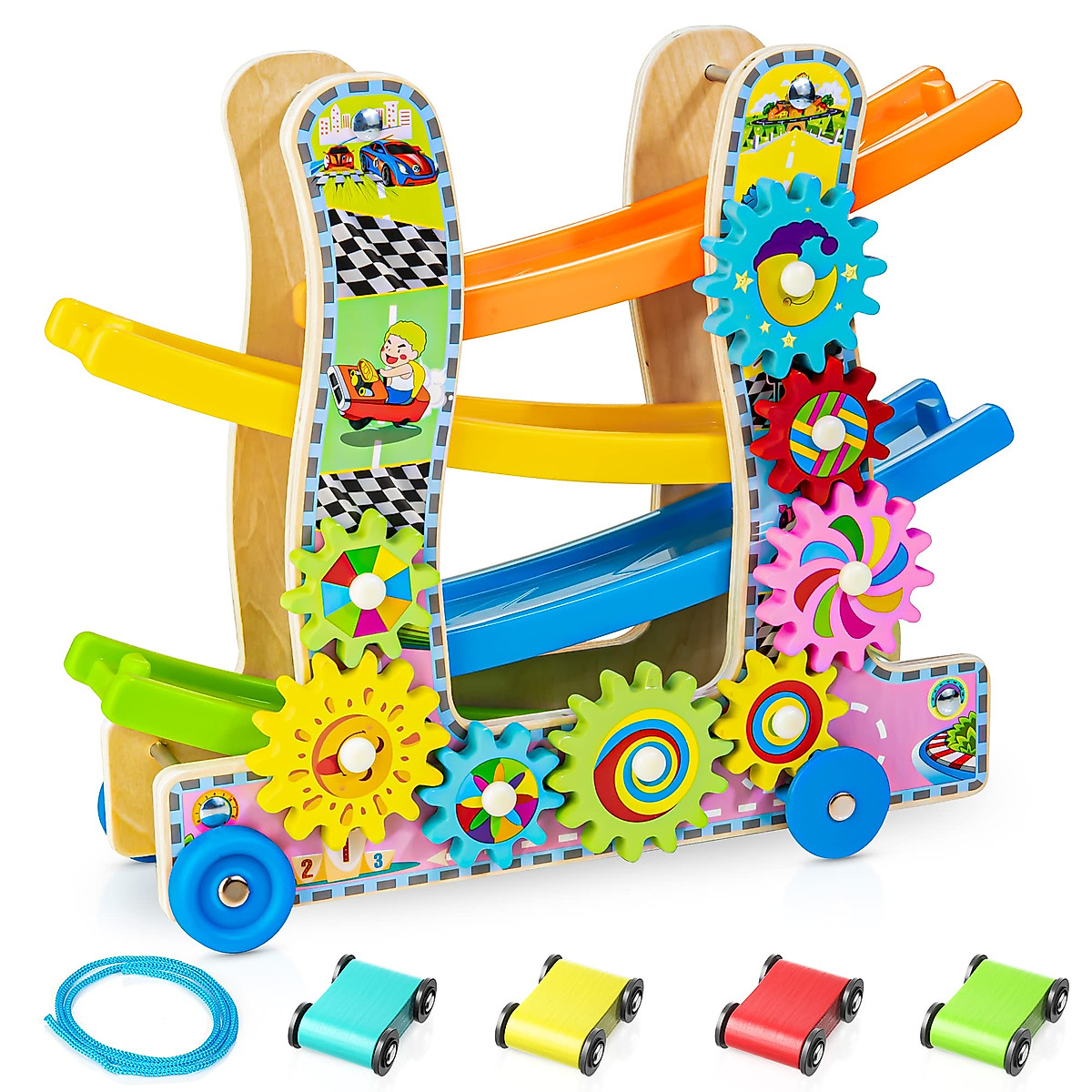 Wooden Race Track for Toddlers, 3 in 1 Wooden Car Ramp with 4 Mini Racer Cars and 8 Turnable Gears. Educational Montessori Toys for 2 3 4 5 Year Old Boys Girls