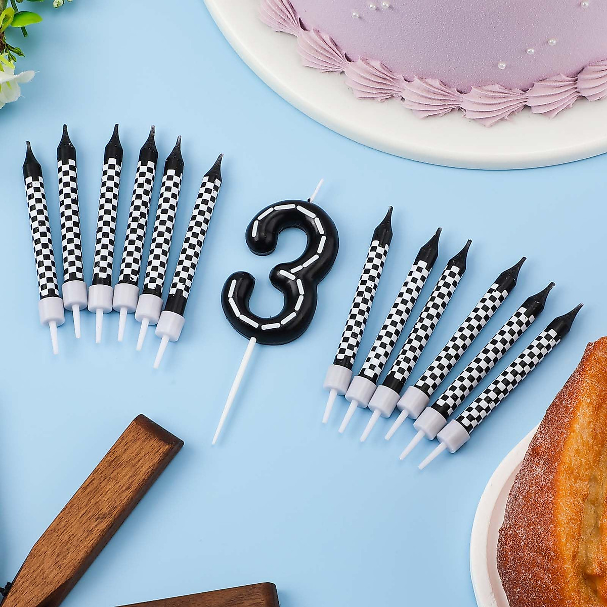 13pcs Racing Cars Themed Birthday Candles, Black and White Checkered Race Car Candles Birthday Cake Numeral Candle Cake Topper for Party Decoration Baby Shower Party Supplies (Number 3)