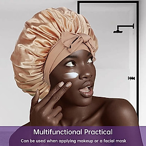 2Pcs Satin Bonnet for Black Women,Satin Hair Tie Bonnet,Jumbo Curly Hair Silky Bonnet,Soft Head Scarf Wrap Hair Bonnet with Tie Band,Adjustable Braids Bonnet Sleep Cap for Long Curly Hair(Black&Khaki)