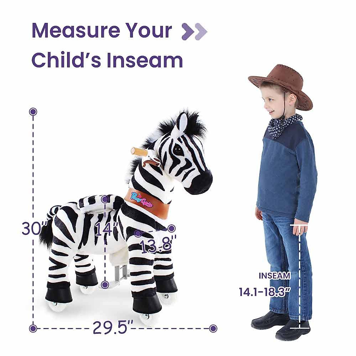 PonyCycle Ride on Zebra Boys and Girls Ride on Toys Classic Model U (with Brake/ 30" Height/Size 3 for Age 3-5) Pony Cycle Ride on Horse Plush Mechanical Animals Toys Zebra Model Ux368