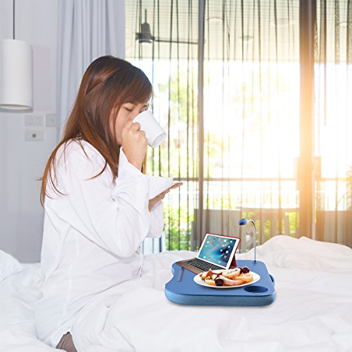 Laptop Lap Desk, Portable with Foam Filled Fleece Cushion, LED Desk Light, Cup Holder-for Homework, Drawing, Reading and More by Lavish Home (Blue)