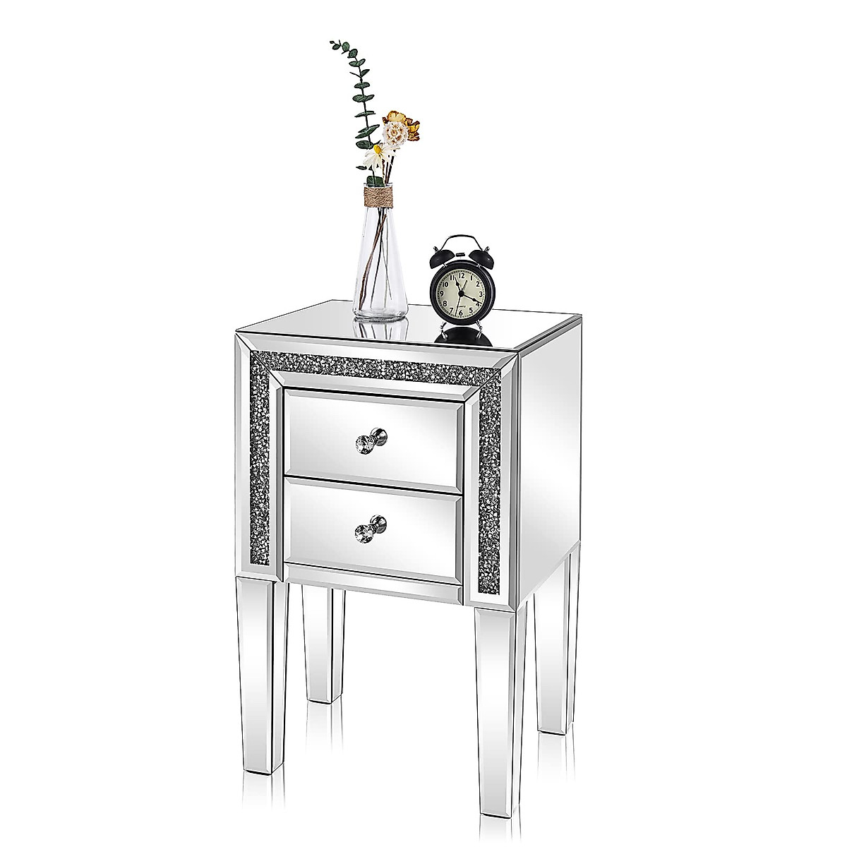 VINGLI Mirrored Nightstand, Mirrored Bedside Table with Drawer, Mirror Silver Night Stand, Mirrored Glass End Table Crushed Diamond Glitter Night Stand for Small Spaces/Bedroom/Living Room, Silver