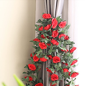 Yebazy 2PCS(15FT) Rose Garland Red Roses Vine Artificial Flowers Plants for Hotel Wedding Home Party Garden Craft Art Decor (Red)