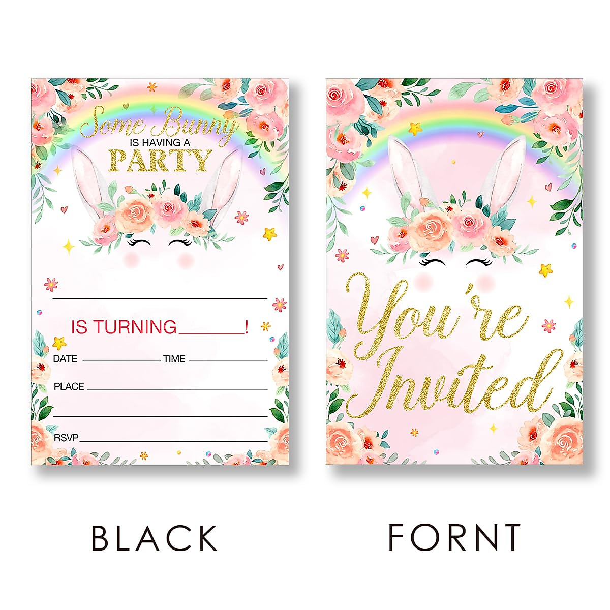 EUDOSI Rainbow Bunny Birthday Party Invitations Supplies Fill-In Set of 20 with Envelopes Floral Bunny Birthday Invites Cards, Double Sided