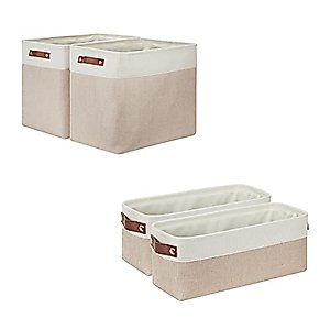 DULLEMELO Collapsible Bundle Baskets 2 Large Baskets 17"x12"x15" + 2 Narrow Baskets 15"x6"x5.5"（White&Khaki)