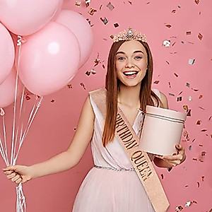"BIRTHDAY QUEEN" Sash and Rhinestone Tiara Set, Birthday Tiara Crown Glitter Crystal Glitter Headband Hair Accessories for Girls Women Birthday Decorations Kit, Party Favors (Rose Gold)